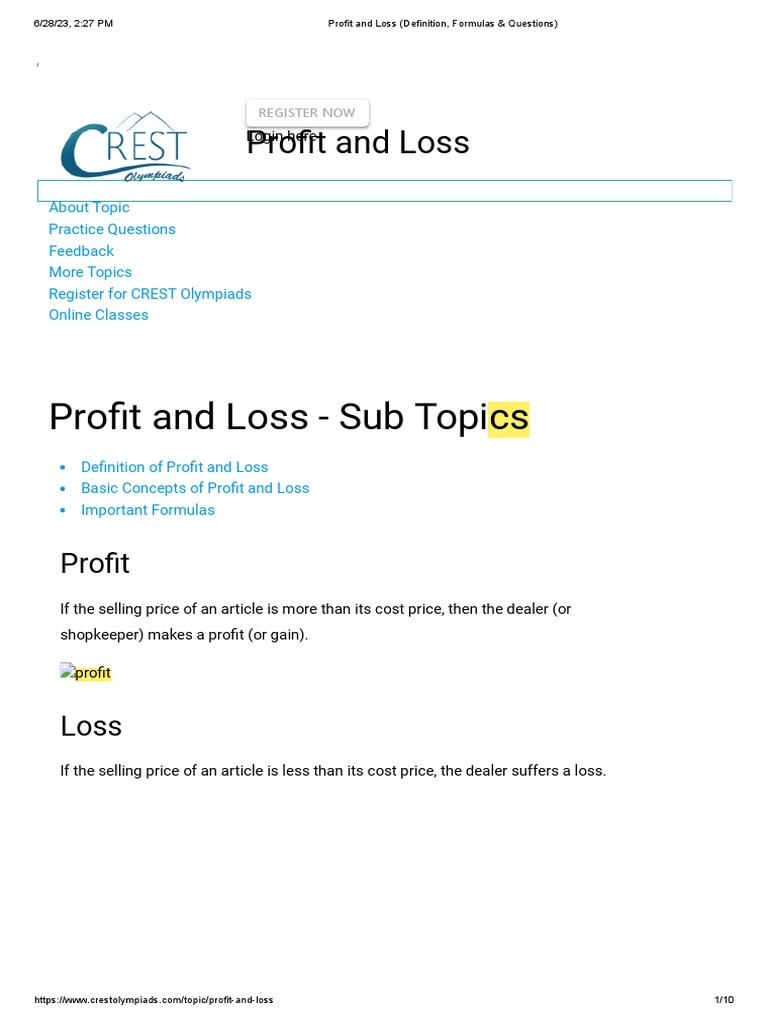 Profit and Loss Formulas & Practice | PDF | Prices | Profit (Economics)