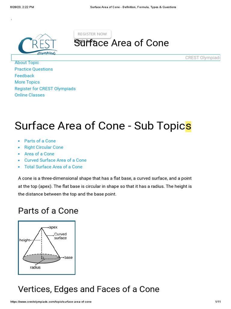 Surface Area of Cone - Definition, Formula, Types & Questions | PDF ...