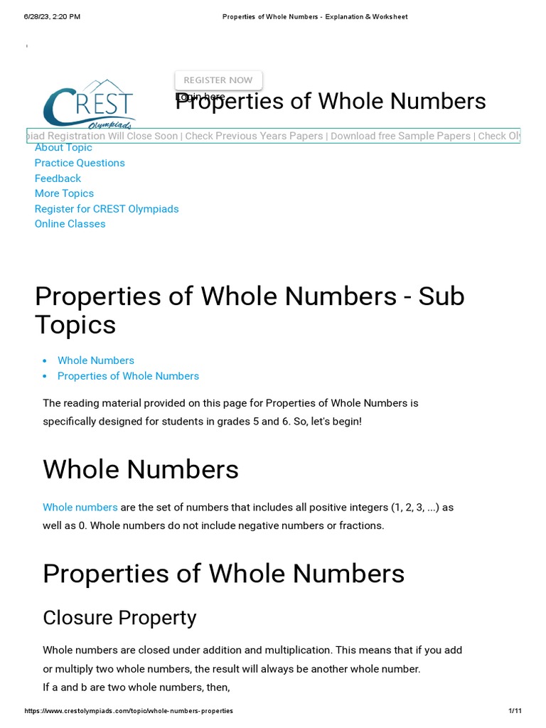 Properties of Whole Numbers - Explanation & Worksheet | PDF | Integer ...