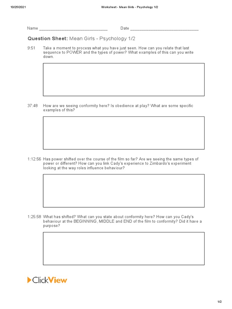 Worksheet - Mean Girls - Psychology 1 - 2 | PDF