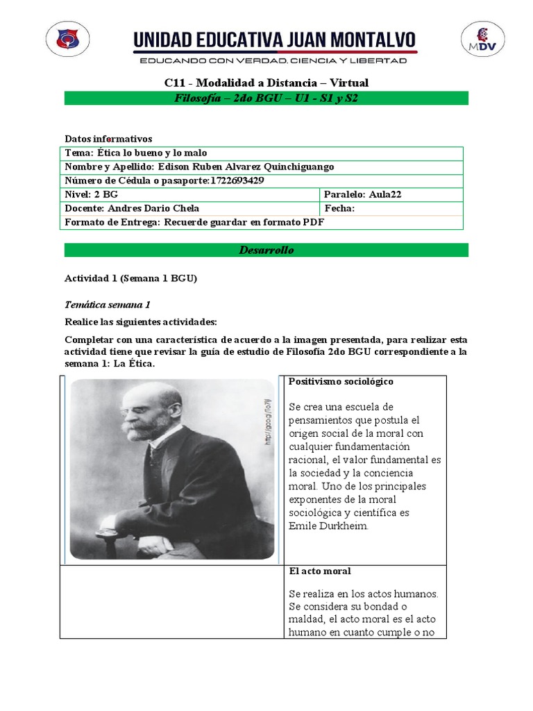 Tarea Filosofía - 2do BGU - U1 - S1 y S2 | PDF | Moralidad | Libertad