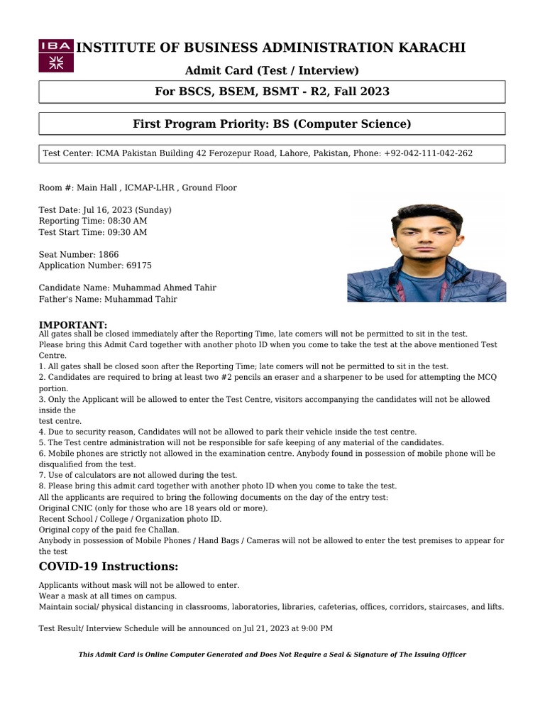 IBA Karachi Admit Card - BSCS Fall 2023 | PDF