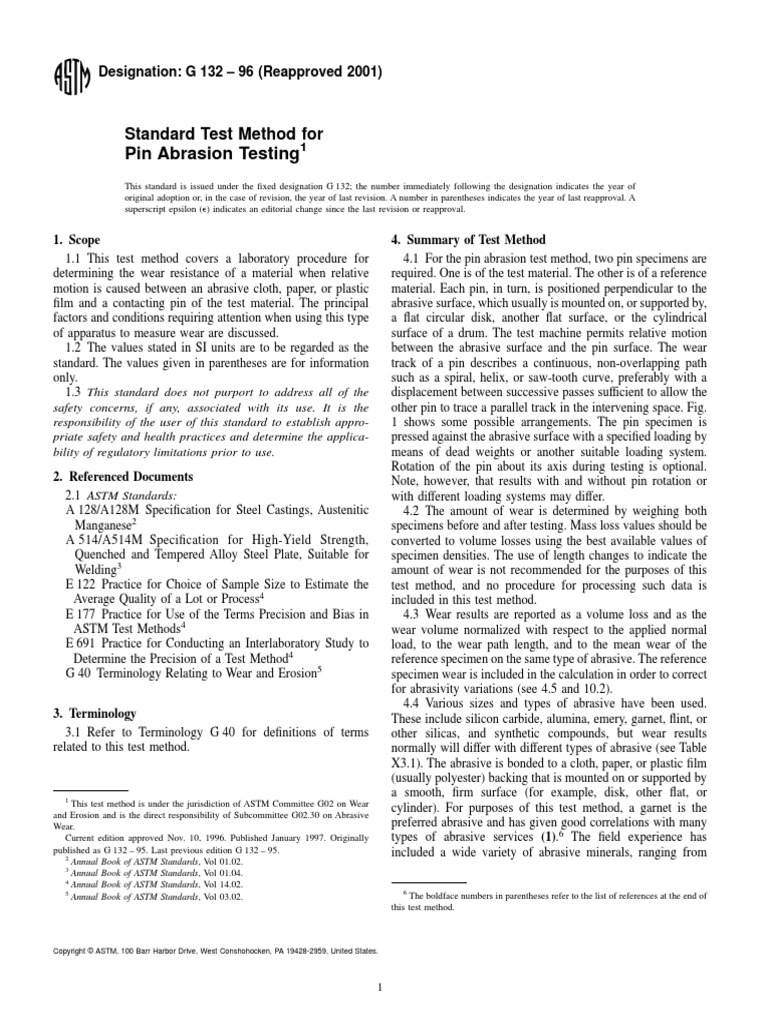ASTM G132 Pin Abrasion Testing | PDF | Wear | Density