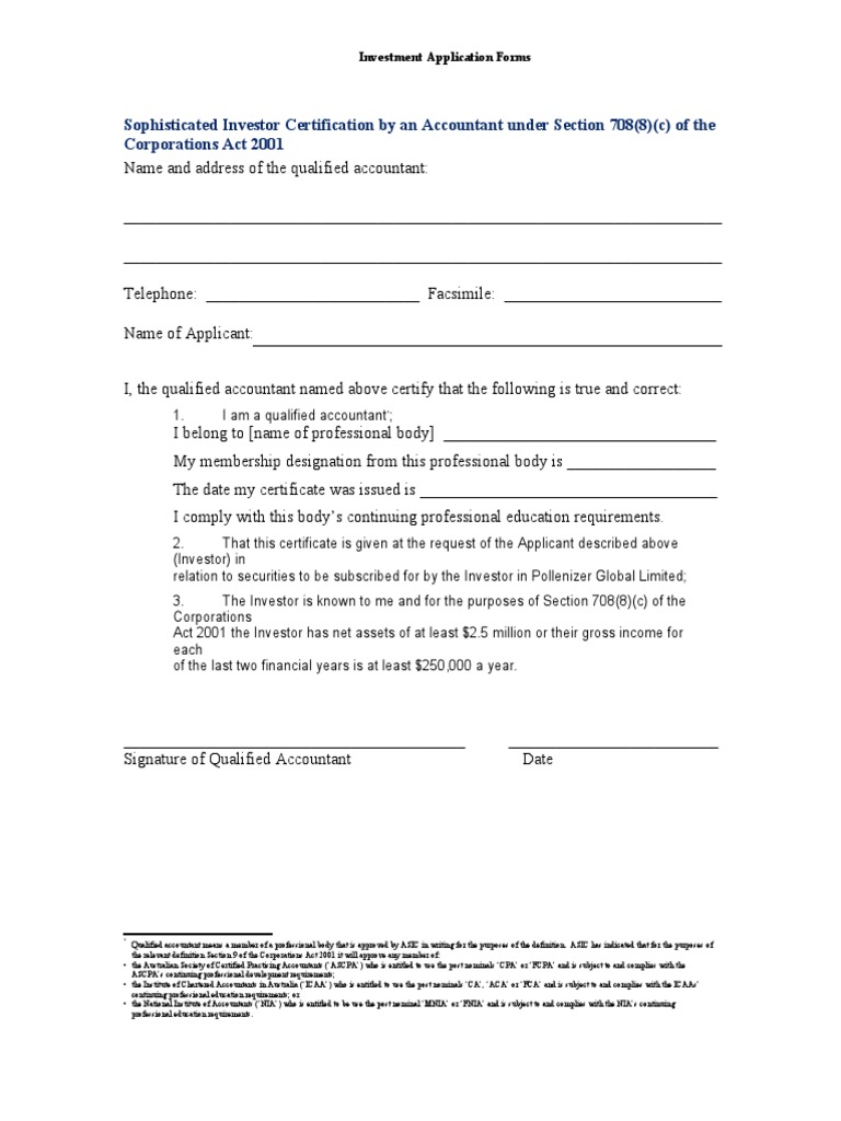 Investor Certification Forms | PDF | Accountant | Investing
