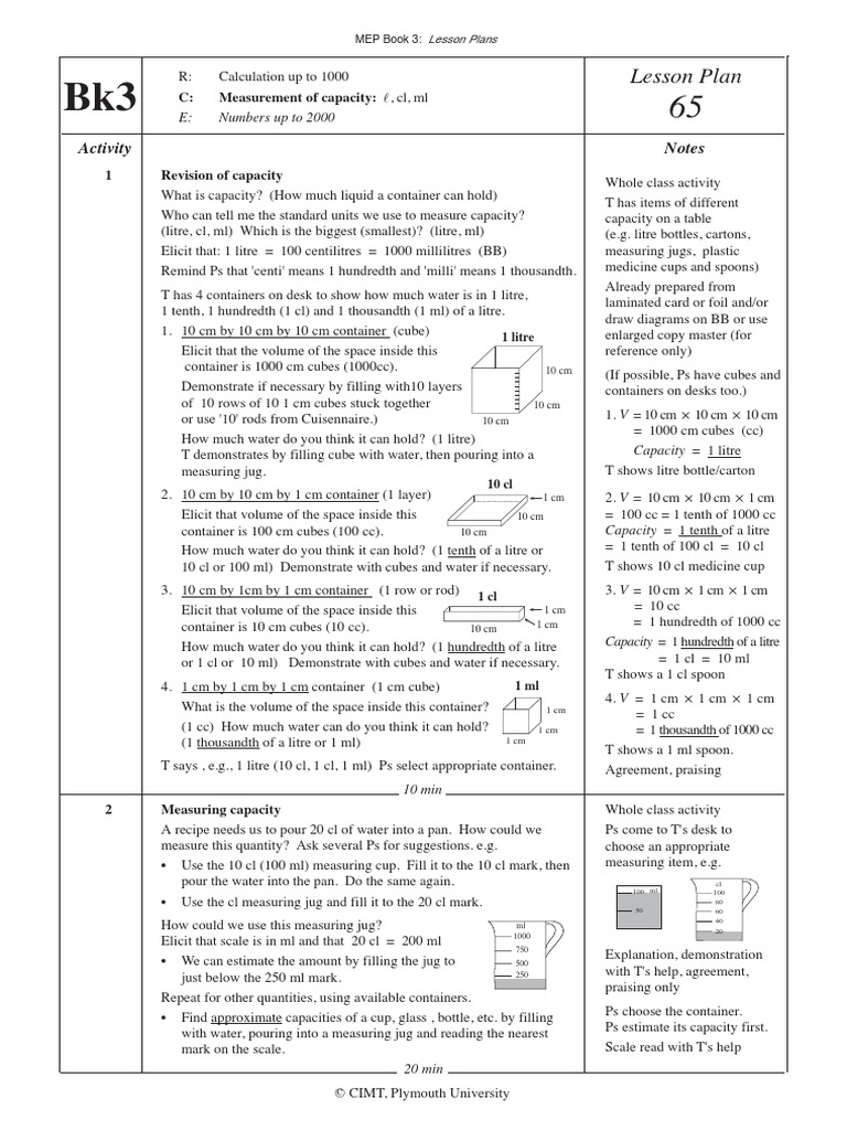 Capacity Measurement Lesson Plan | PDF | Litre | Volume