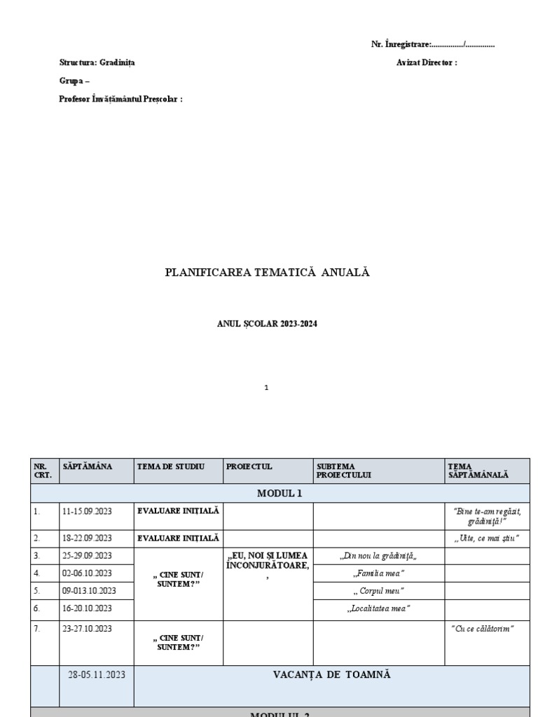 Planificare Anuală+ Săptămânală+ Proiect Tematic | PDF