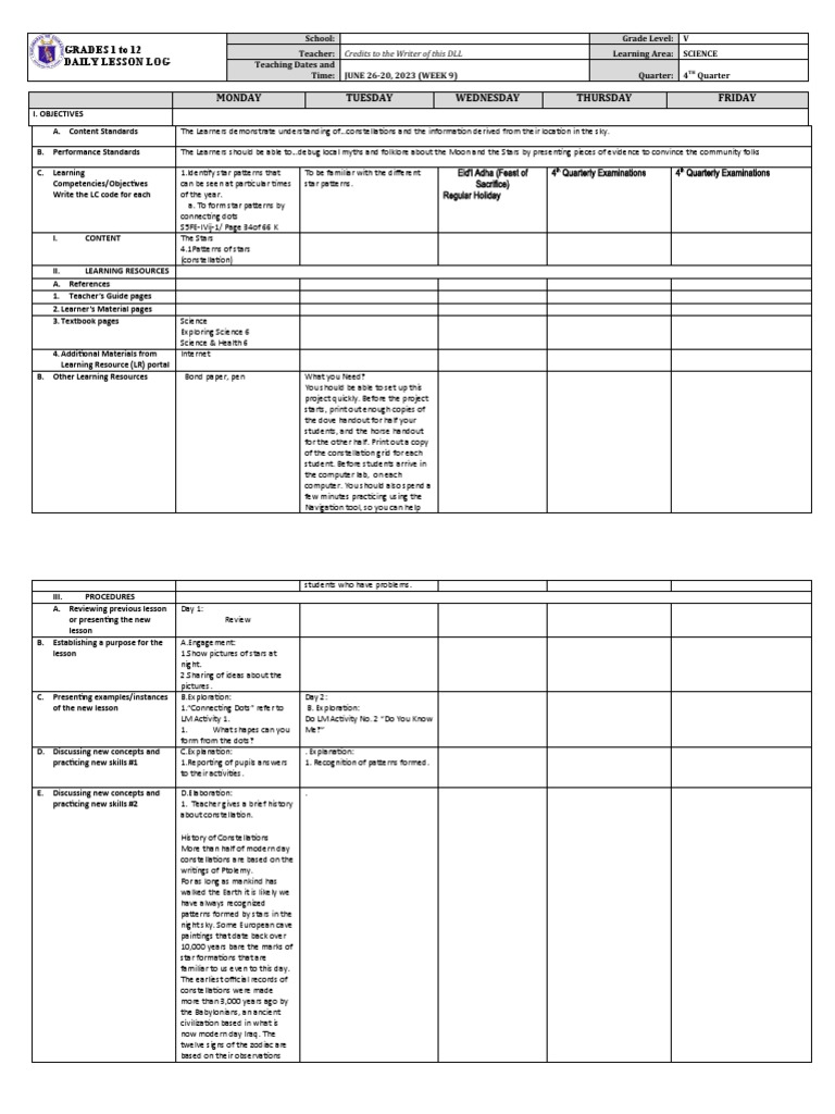 Grade 5 DLL SCIENCE 5 Q4 Week 9 | PDF | Constellation | Stars