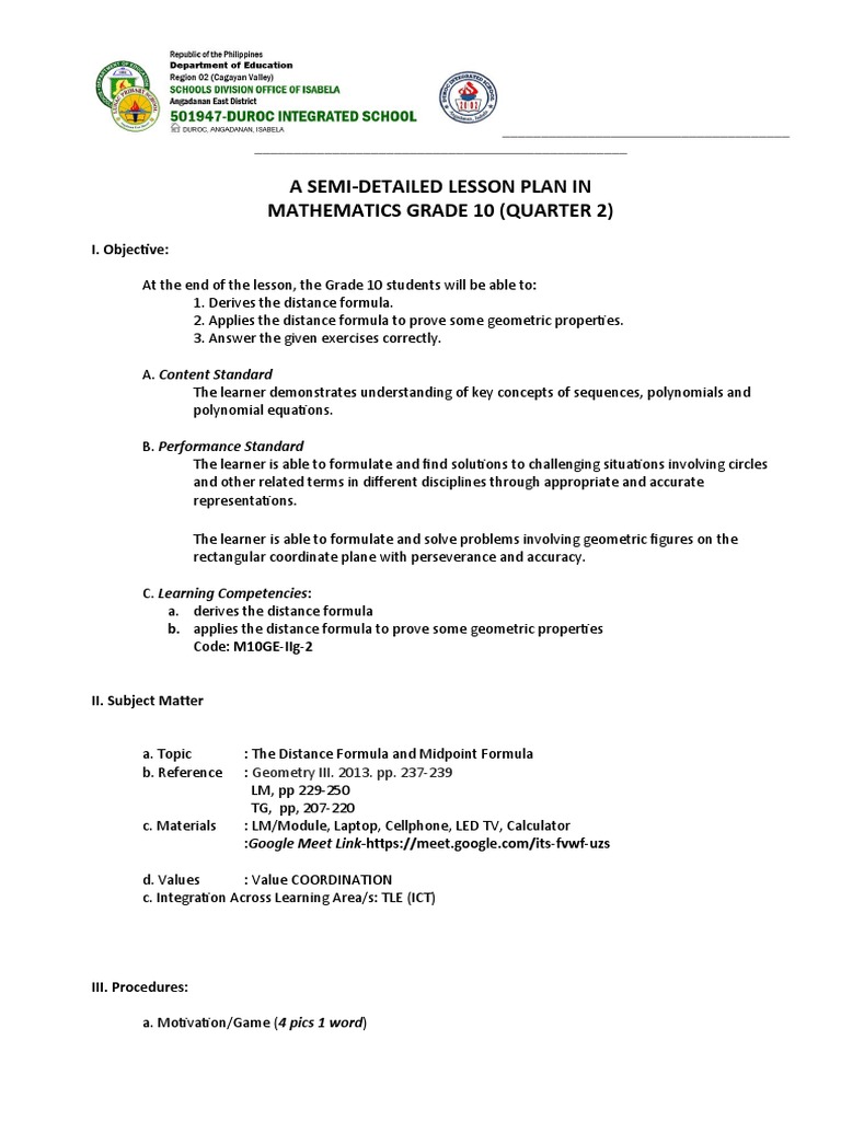 Semi-Detailed Lesson Plan Distance Formula Q2 | PDF | Geometry | Triangle