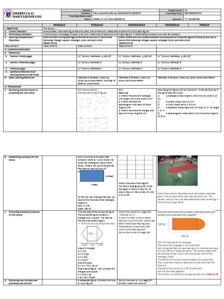 DLL - Mathematics 6 - Q3 - W9 | PDF | Area | Triangle