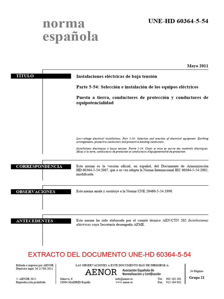 Norma Une HD 60364-5-54 | PDF | Cableado eléctrico | Ciencia de los ...