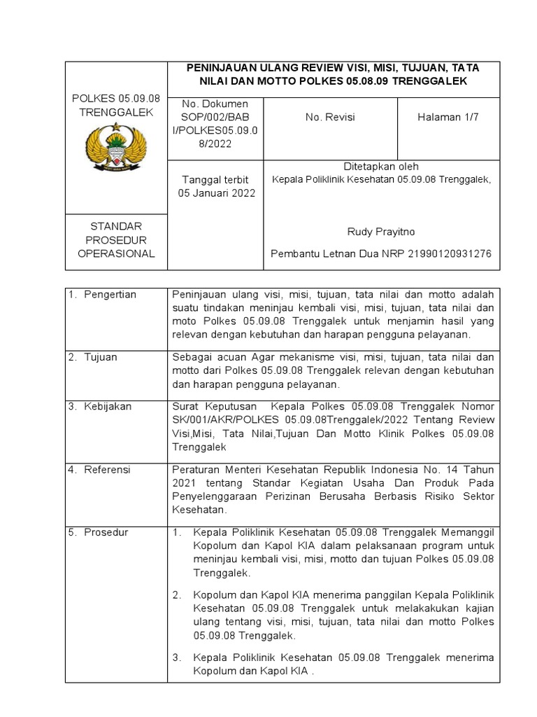 TKK 1 EP 1.1 F Sop Peninjauan Ulang Visi Misi Tata Nilai Tujuan | PDF | Bisnis