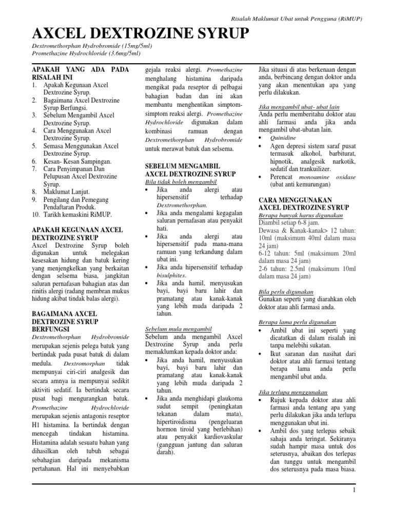 Axcel Dextrozine Syrup 15mg5ml & 3.6mg5ml (Dextromethorphan ...
