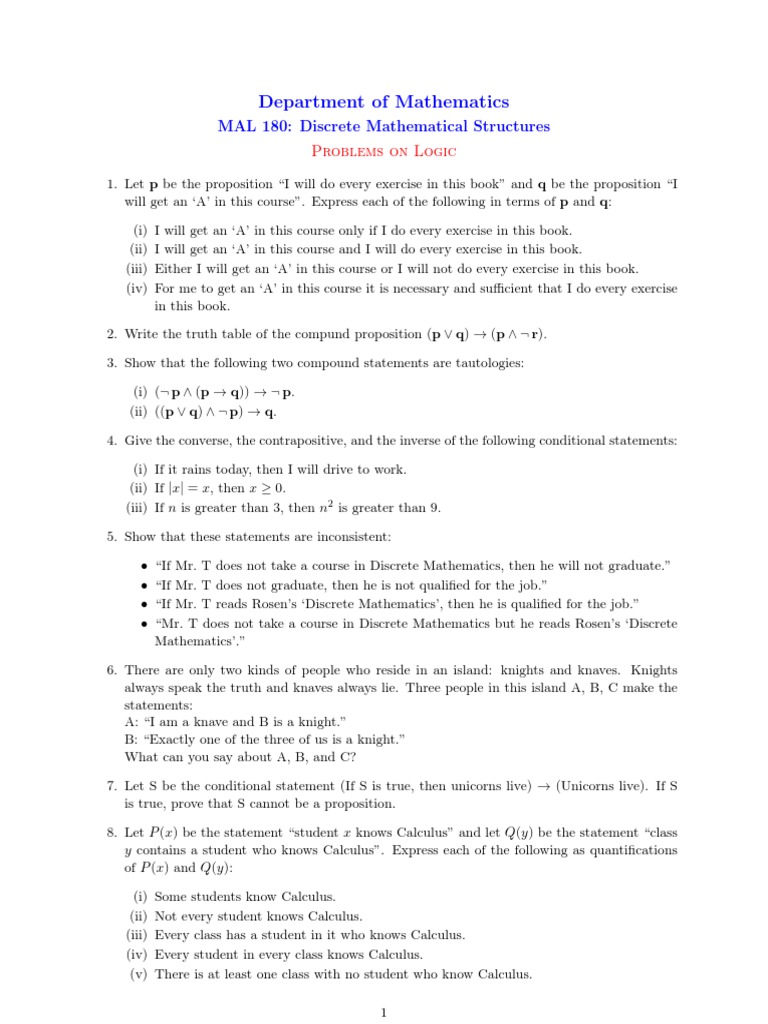 Discrete Math Problems On Logic Pdf Semantics Deductive Reasoning