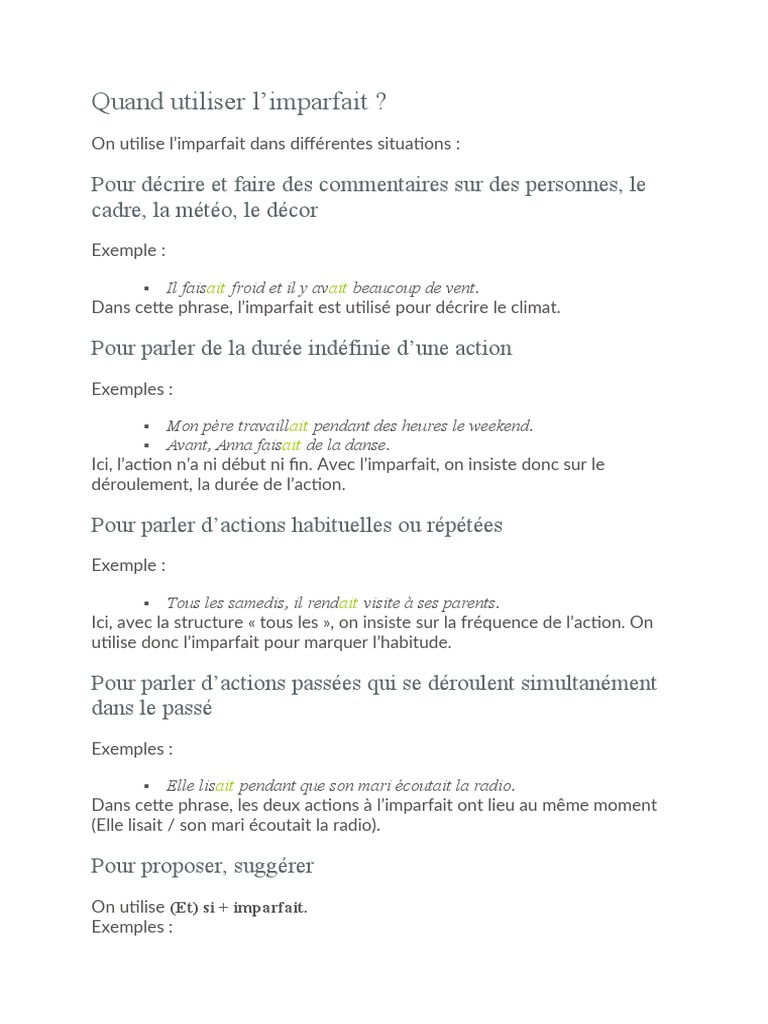 Quand Utiliser L'imparfait | PDF