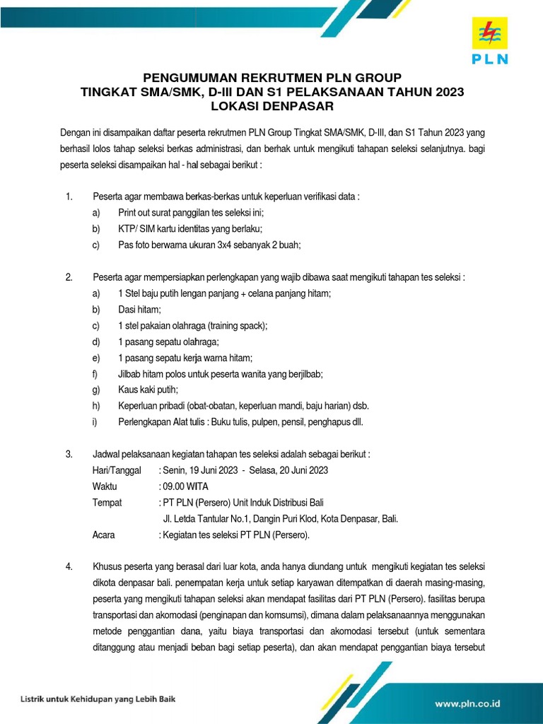 Pengumuman Rekrutmen PLN 2023 Denpasar | PDF