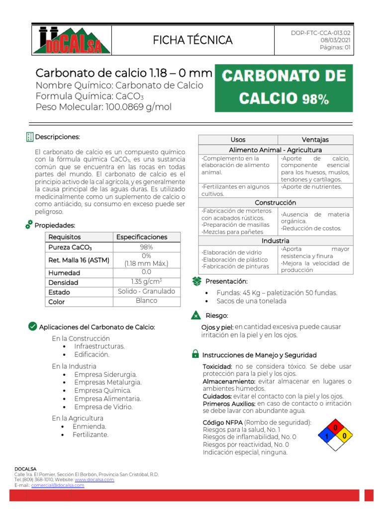 DOP-FTC-CCA-013 - Ficha Tecnica Carbonato de Calcio 1.18mm - Español | PDF | Fertilizante ...