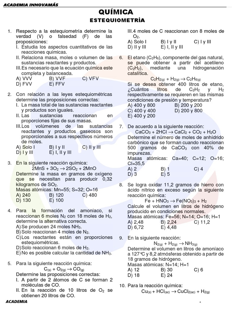 Formulas de Estequiometría en Química | PDF | Estequiometría | Mole ...