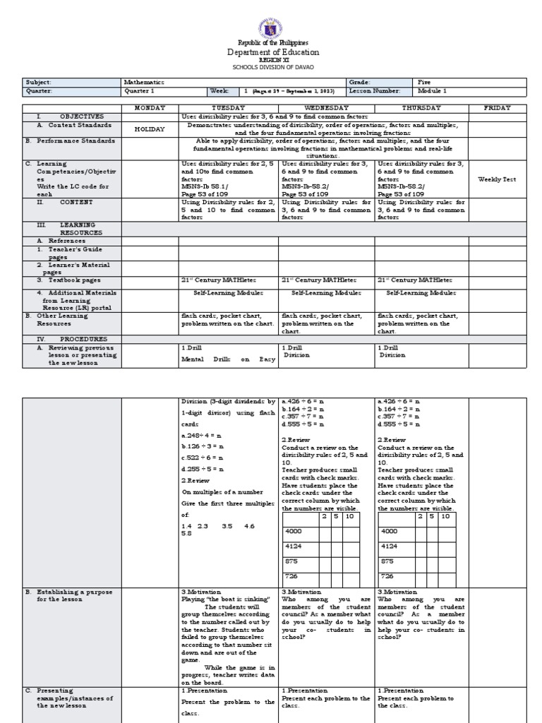 DLL - MATHEMATICS-5 - Q1 - W1 Final | PDF | Mathematics | Cognition