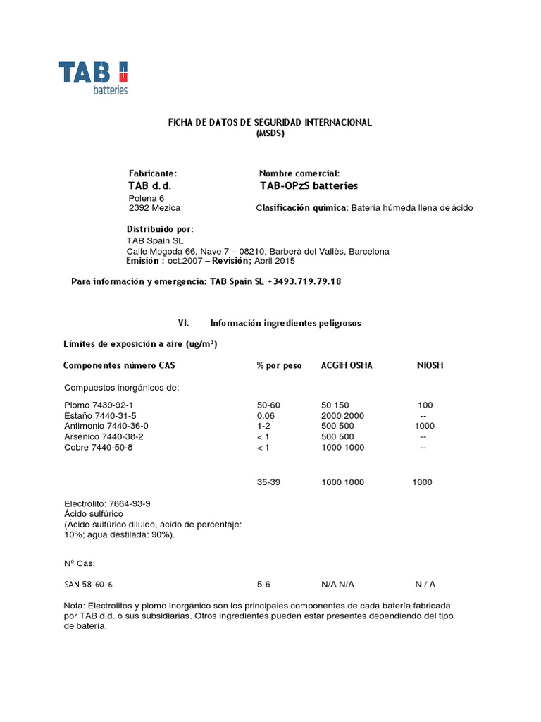 Hoja MSDS Baterias de Plomo - Acido Tab | PDF | Naturaleza | Minerales ...