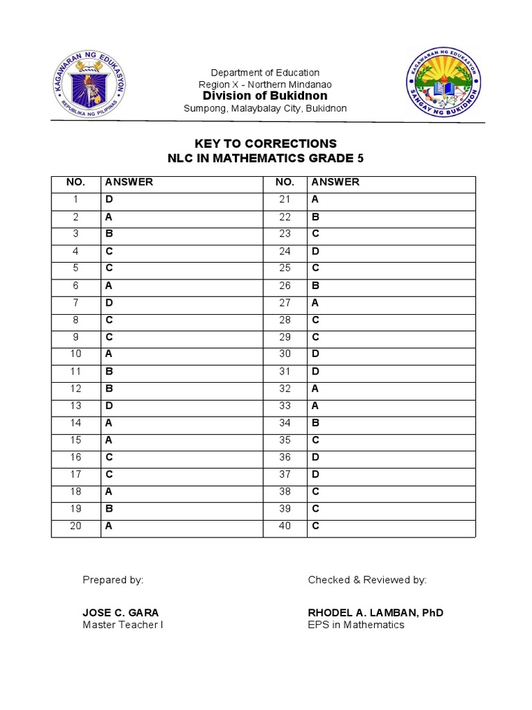 Math-5 NLC Pretest Version1 Answer-Key | PDF Math-5 NLC Pretest Version1 Answer-Key | PDF