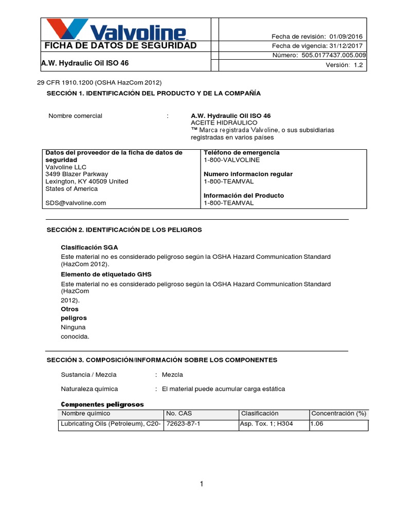 1.- HOJA MSDS ACEITE HIDRÁULICO Hydraulic Oil ISO 46 VALVOLINE | PDF ...