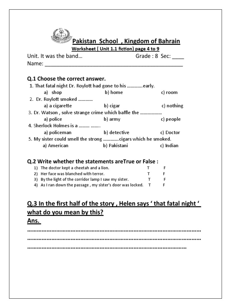 Grade 8 Eng Unit 1.1 Worksheet | PDF | Arthur Conan Doyle Characters ...