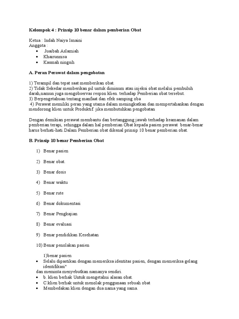 Kelompok 4: Prinsip 10 Benar Dalam Pemberian Obat | PDF