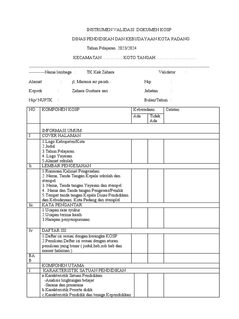 Instrumen Validasi Kosp Tahun 2023-2024 | PDF