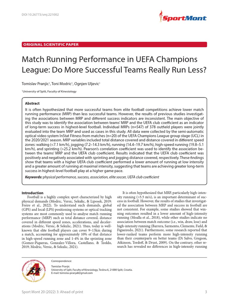 Match Running Performance in UEFA Champions League: Do More Successful ...