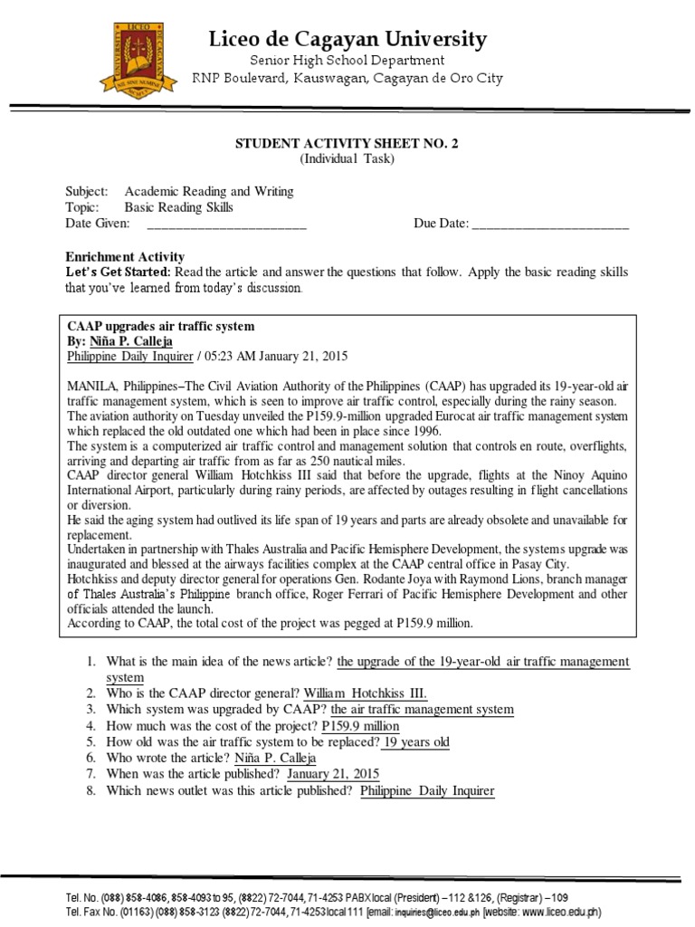 Activity Sheet 2 Basic Reading Skills | PDF | Educational Technology