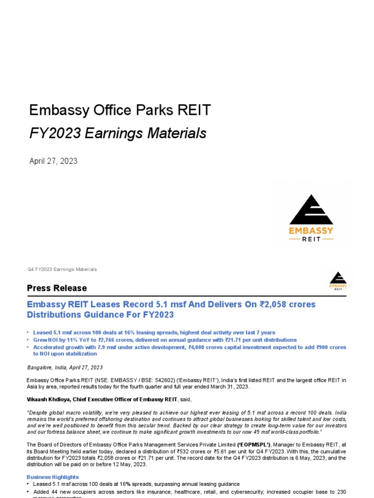 Earnings Presentation q4 Fy23 For Printing | PDF | Real Estate Investment Trust | Debt