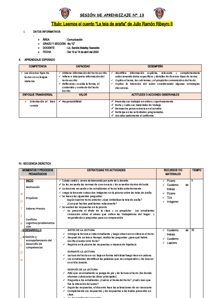 SESIÓN DE APRENDIZAJE 10 Plan Lector Tela de Araña II | PDF | Evaluación | Aprendizaje