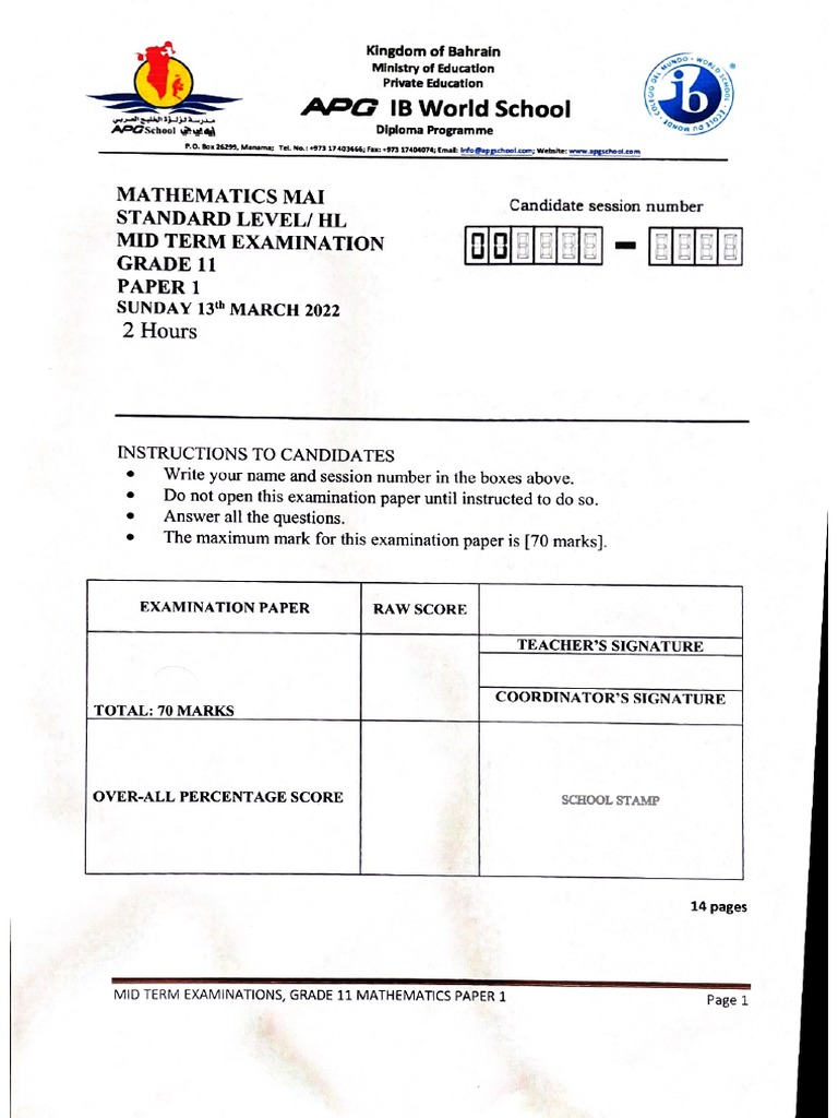 Mathematics Applications And Interpretations Standard Level Sl Paper 1 Pdf