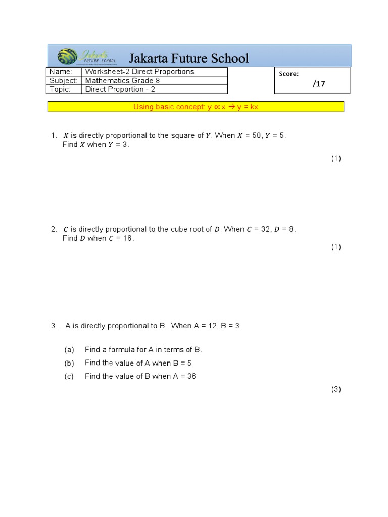 Direct Proportion Worksheet for Grade 8 | PDF