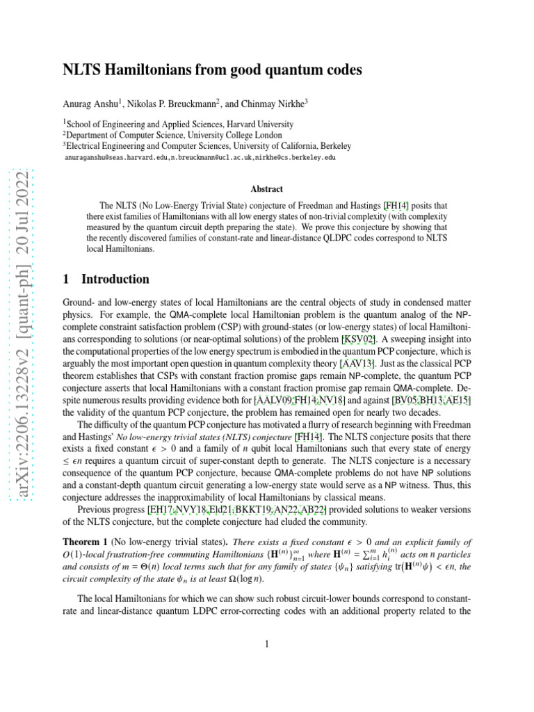 NLTS Hamiltonians From Good Quantum Codes | PDF | Theoretical Physics | Quantum Mechanics