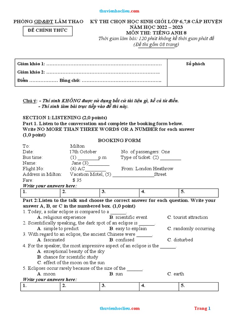 De Thi HSG ANH 8 Huyen Lam Thao 22 23 | Download Free PDF | Inn | Solar Eclipse