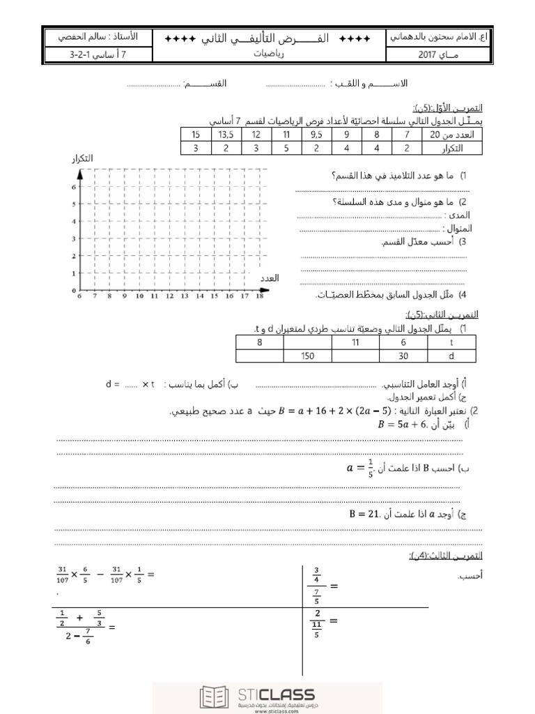 Devoir de Synthese NÂ°2 Math 7eme 2016 2017 MR Hafsi Salem | PDF