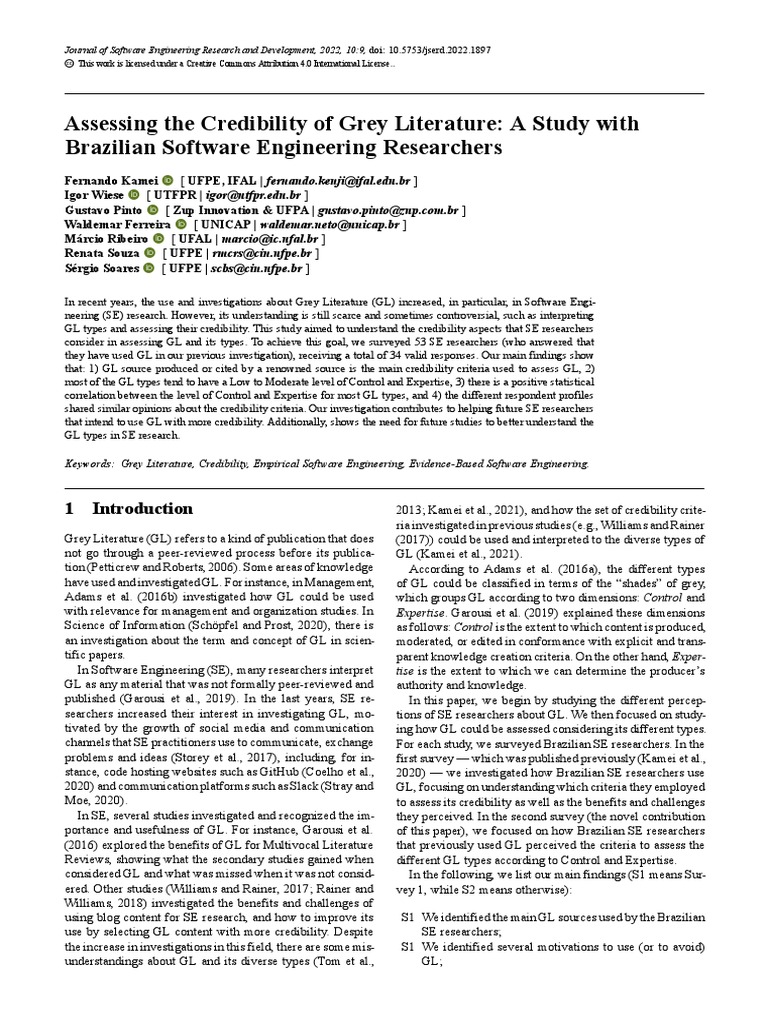 Article - Assessing The Credibility of Grey Literature: A Study With Brazilian Software ...