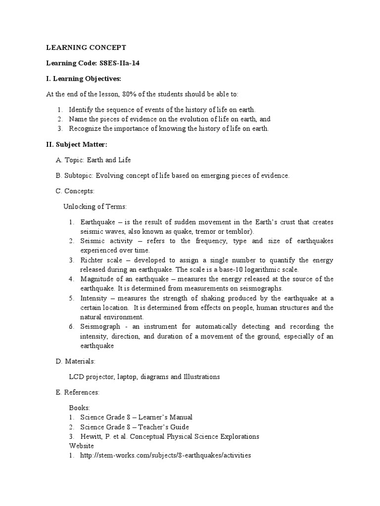 SHS (QUARTER 2) Earth and Life Science DLP | PDF | Earthquakes | Science