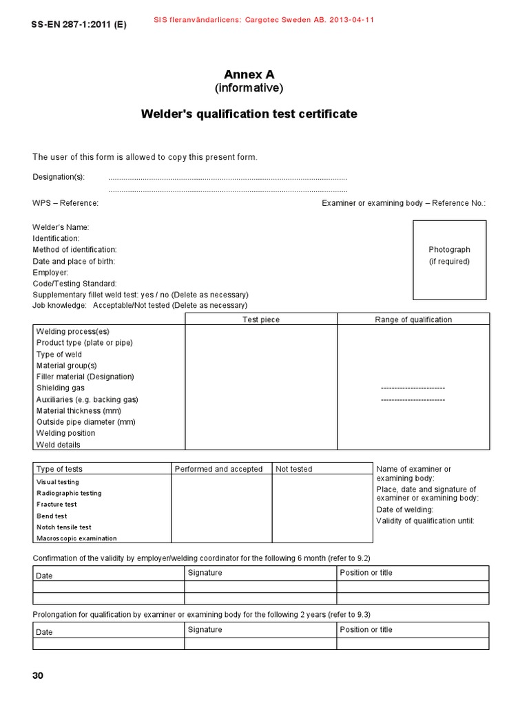 Welder's Qualification Test Certificate | Download Free PDF | Welding ...