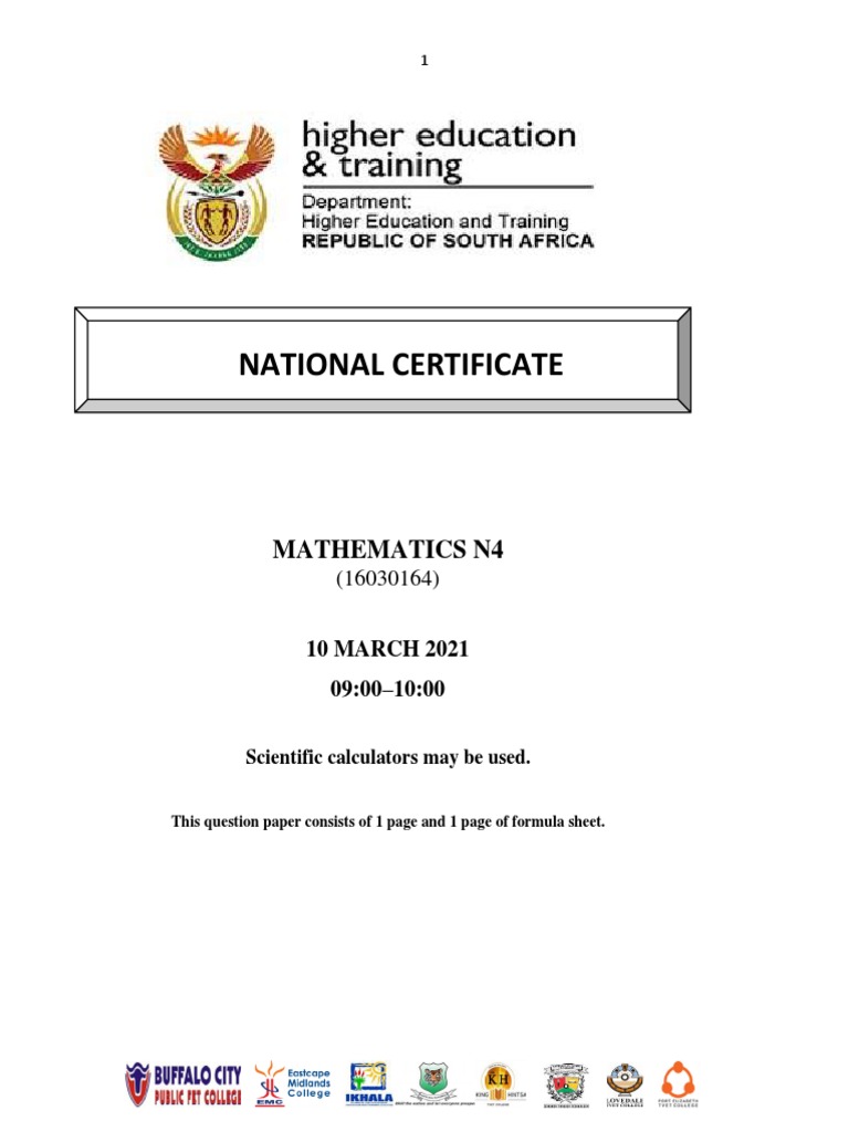 Mathematics N4 Test 1 | PDF | Mathematics