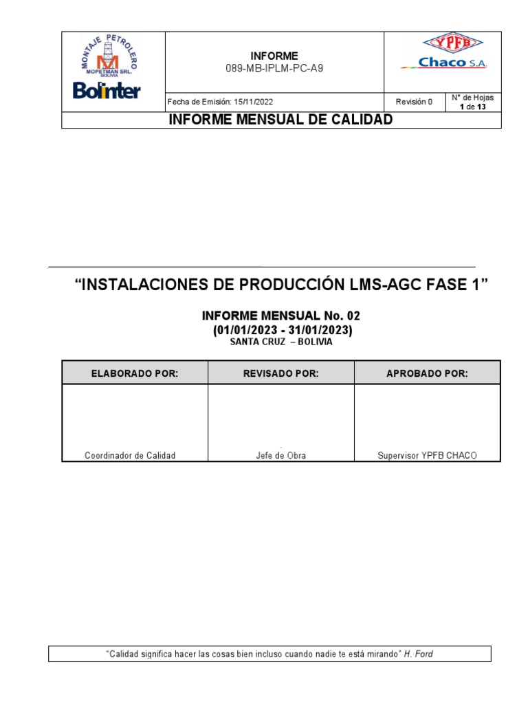 Informe Mensual de Calidad (01-01-23 Al 31-01-23) | Descargar gratis ...