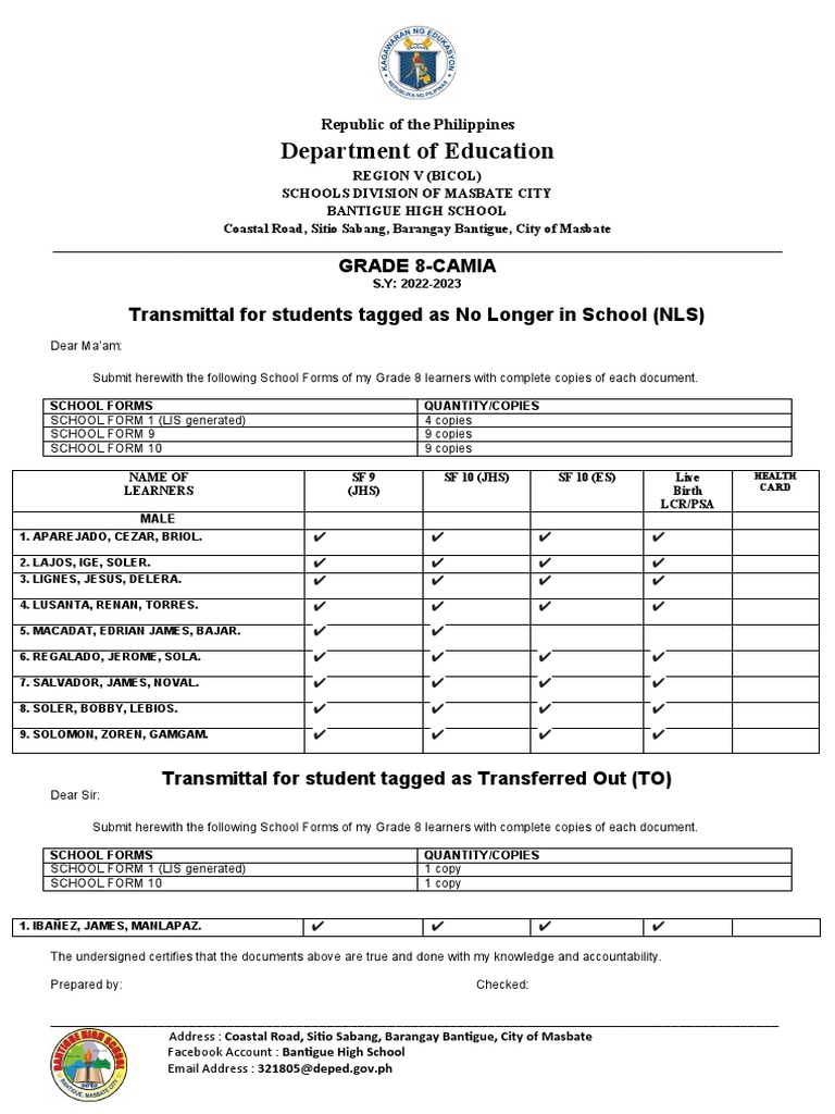NLS and TO Student Transmittal Forms | PDF