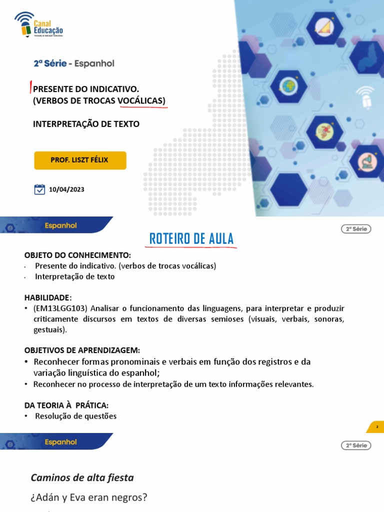E. Médio 2 Noite Espanhol 10 04 2023 Presente Do Indicativo Verbos de ...