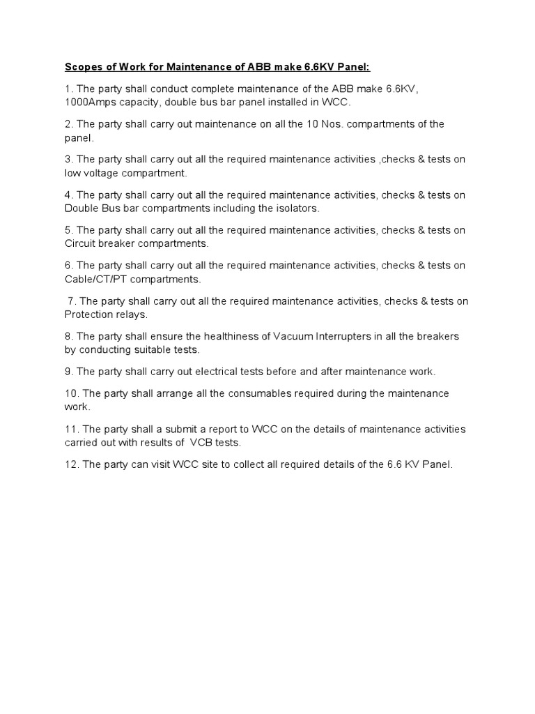 Scope of Work - Maintenance of 6.6KV ABB Panel | PDF