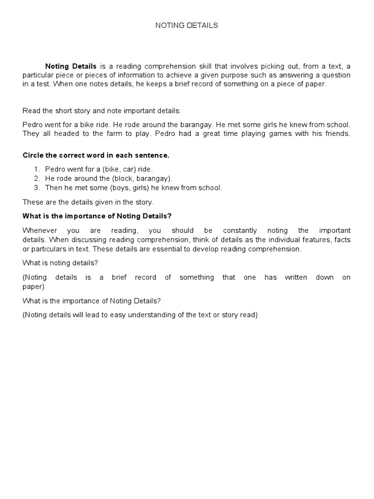 NOTING DETAILS Lesson G6 | PDF