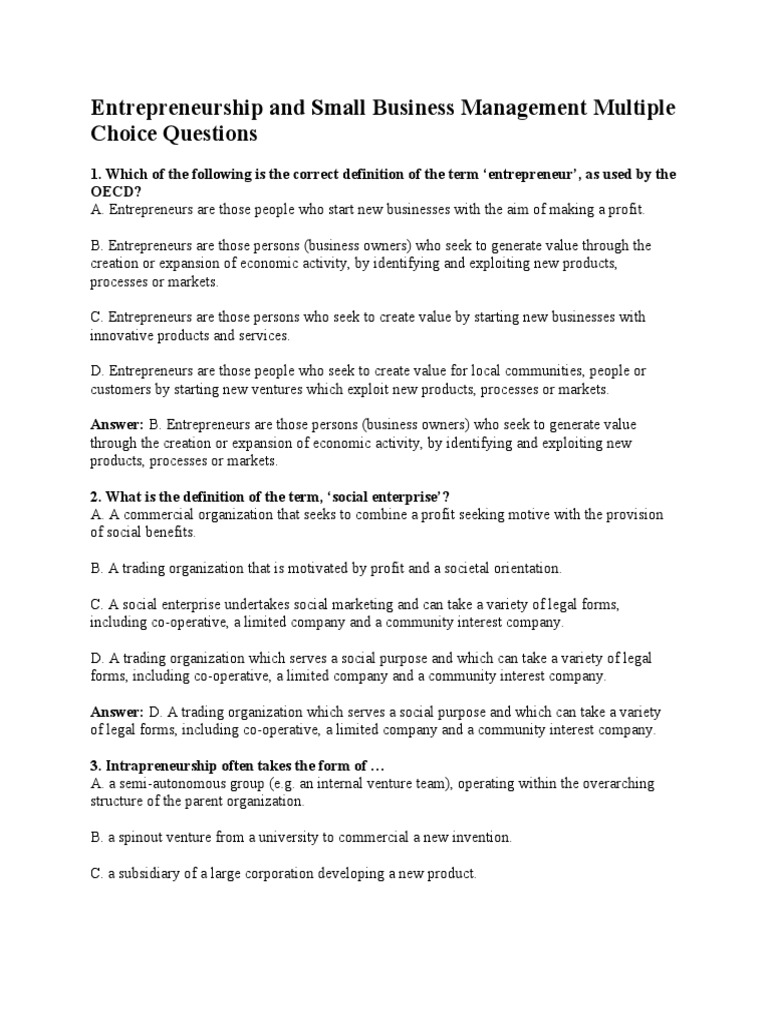 Entrepreneurship MCQ Review Guide | PDF | Entrepreneurship | Business Plan