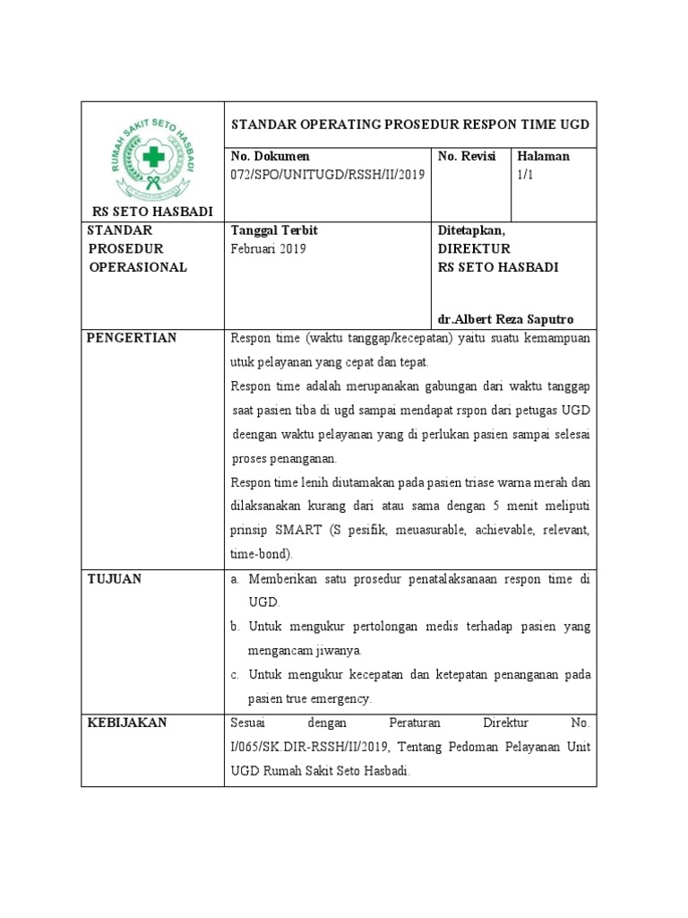 SOP Respon Time UGD RS Seto Hasbadi | PDF