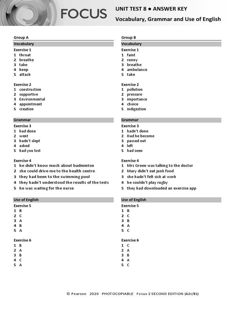 Focus2 2E Unit Test Vocabulary Grammar UoE Unit8 GroupA B ANSWERS | PDF