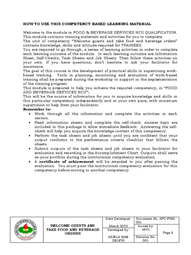 CBLM FSM Delfin | PDF | Waiting Staff | Tableware